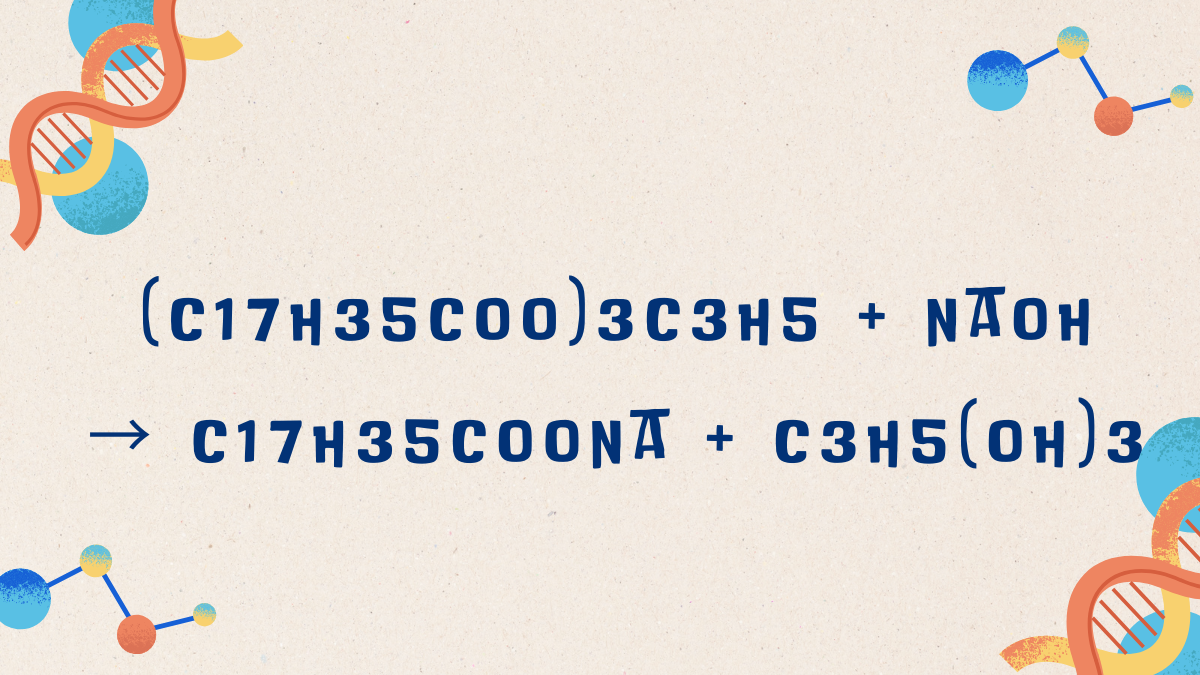 (C17H35COO)3C3H5 + NaOH → C17H35COONa + C3H5(OH)3 (Tristearin + NaOH)